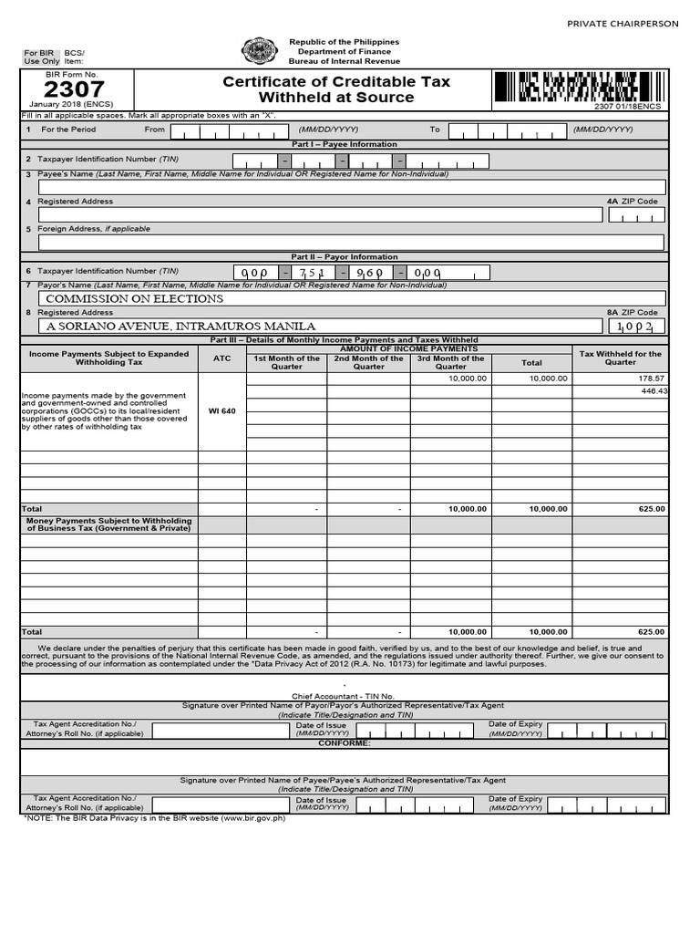BIR Form 2307: Tax Withheld Certificate | PDF