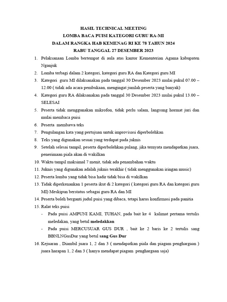 Hasil Technical Meeting Lomba Baca Puisi | PDF