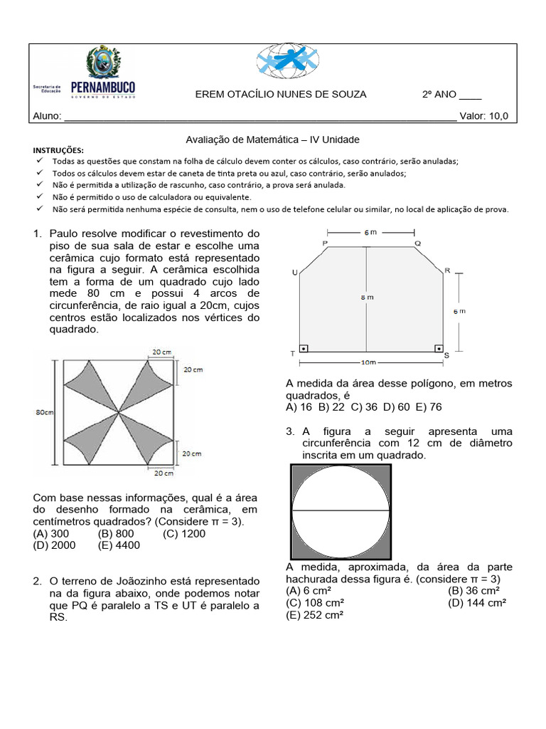 Prova IV Unidade 2º Ano T3 | PDF | Pi | Geometria Elementar