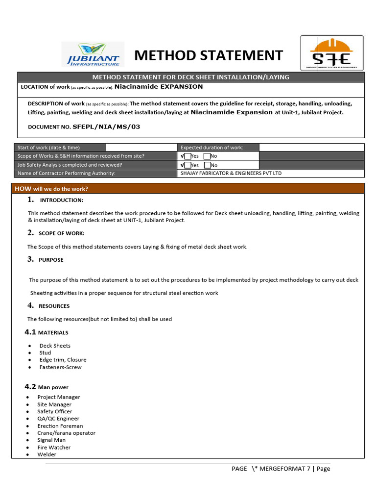 Deck Sheet Method Statement | PDF | Welding | Construction