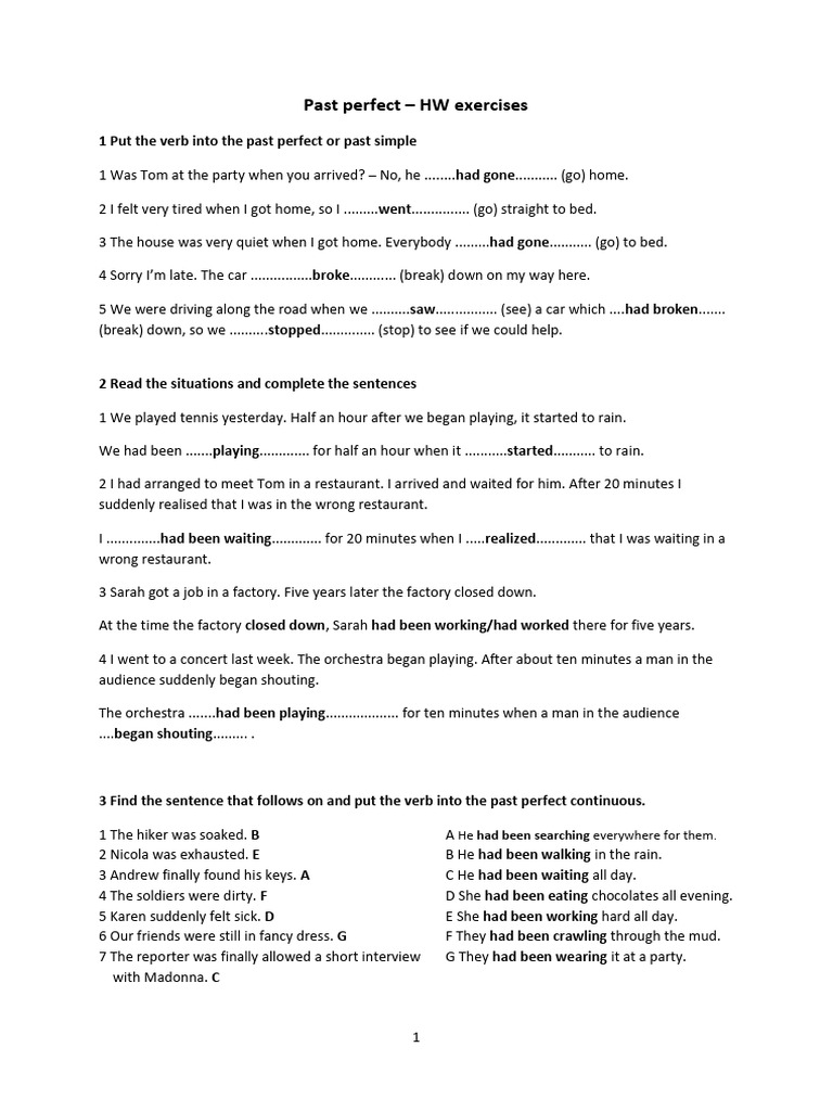 Past Perfect - HW + Key | PDF | Meal