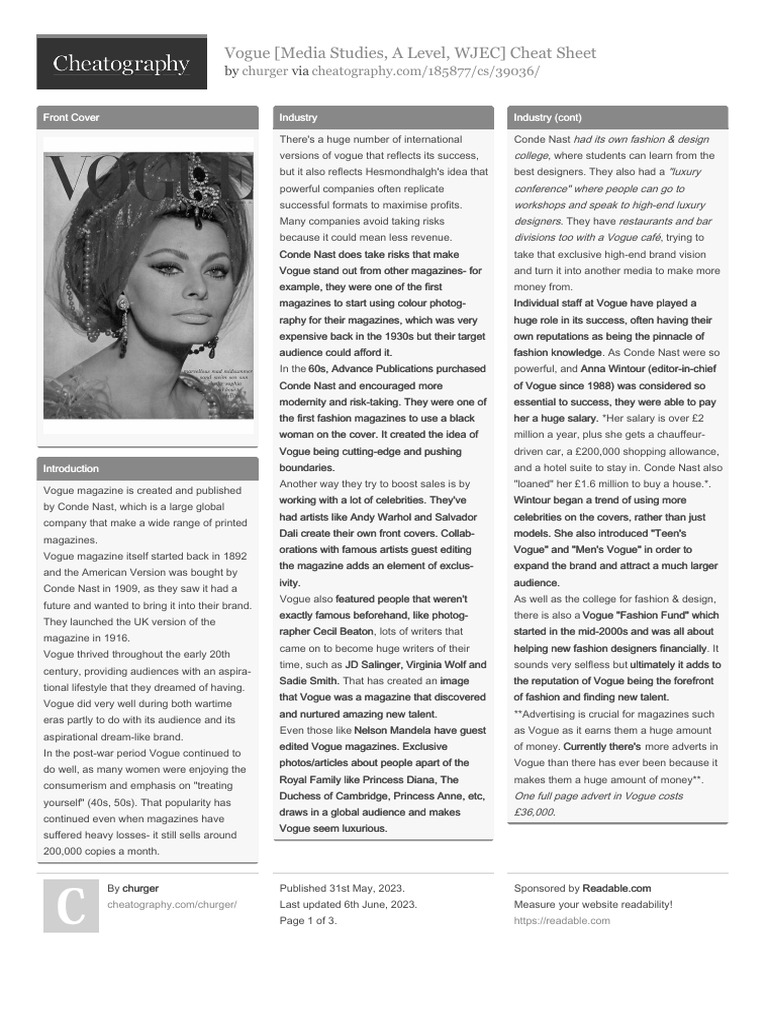 Vogue A Level Media Cheat Sheet | PDF | Vogue (Magazine) | Magazines