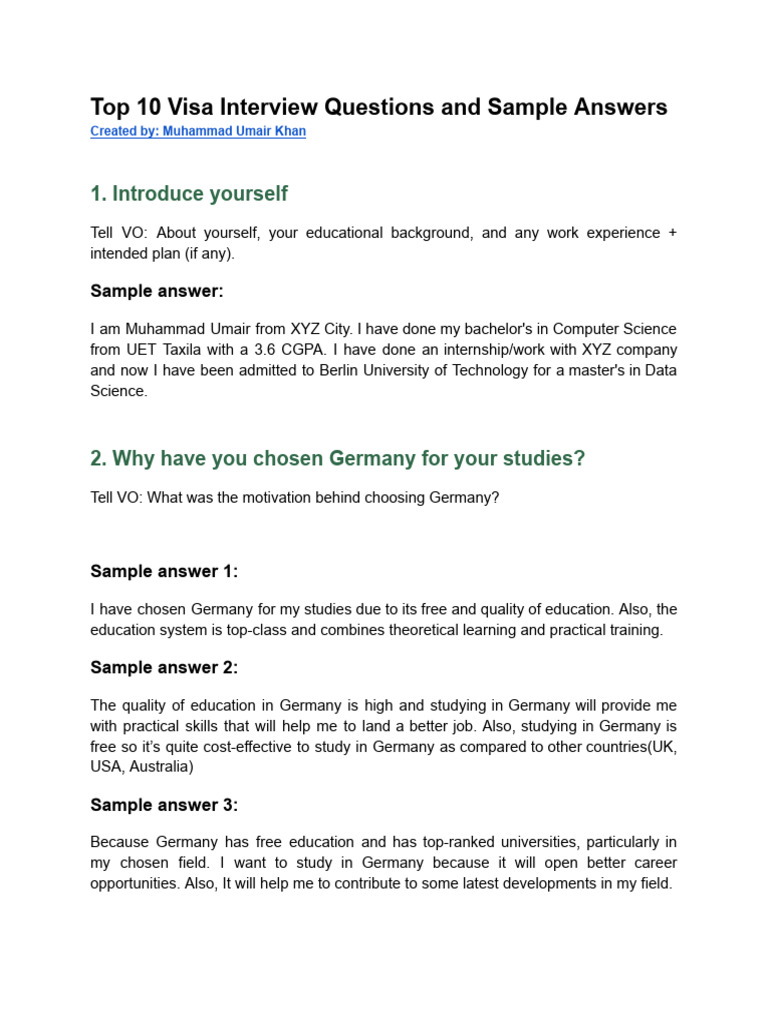 Top 10 Visa Interview Questions and Answers Final | PDF | Curriculum | Sampling (Statistics)