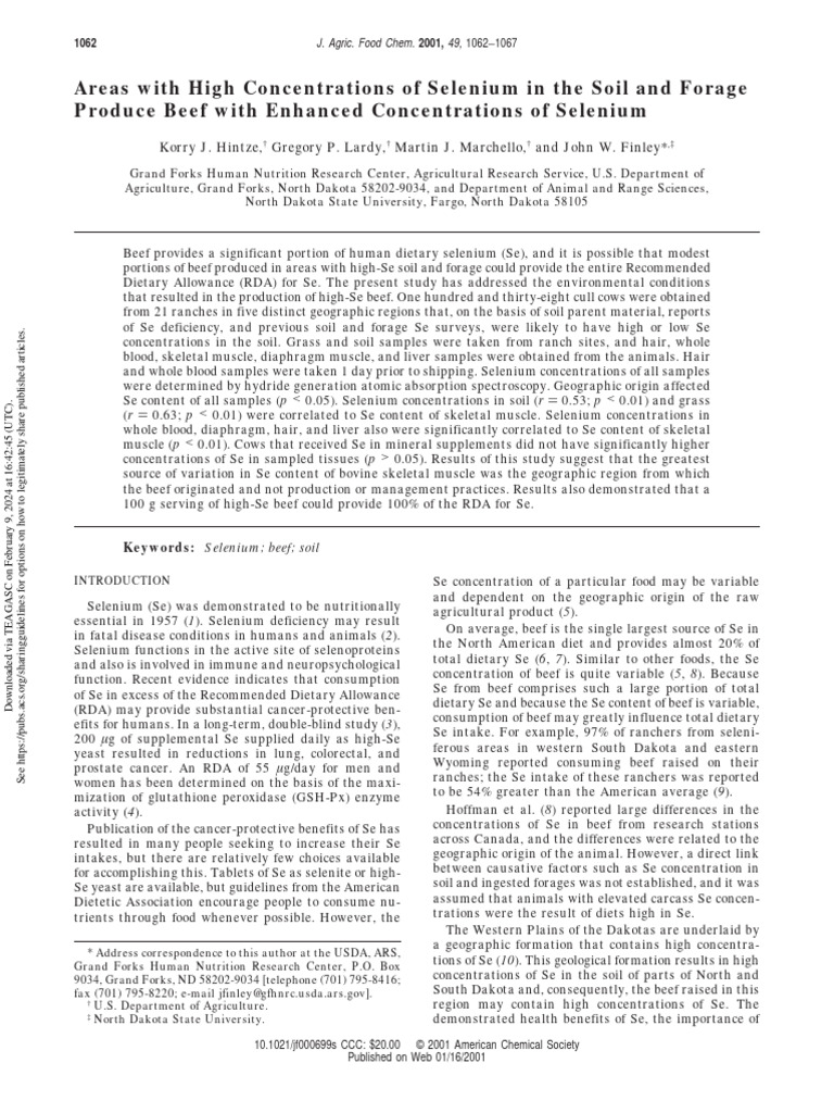 Hintze Et Al 2001 Areas With High Concentrations of Selenium in The Soil and Forage Produce Beef ...