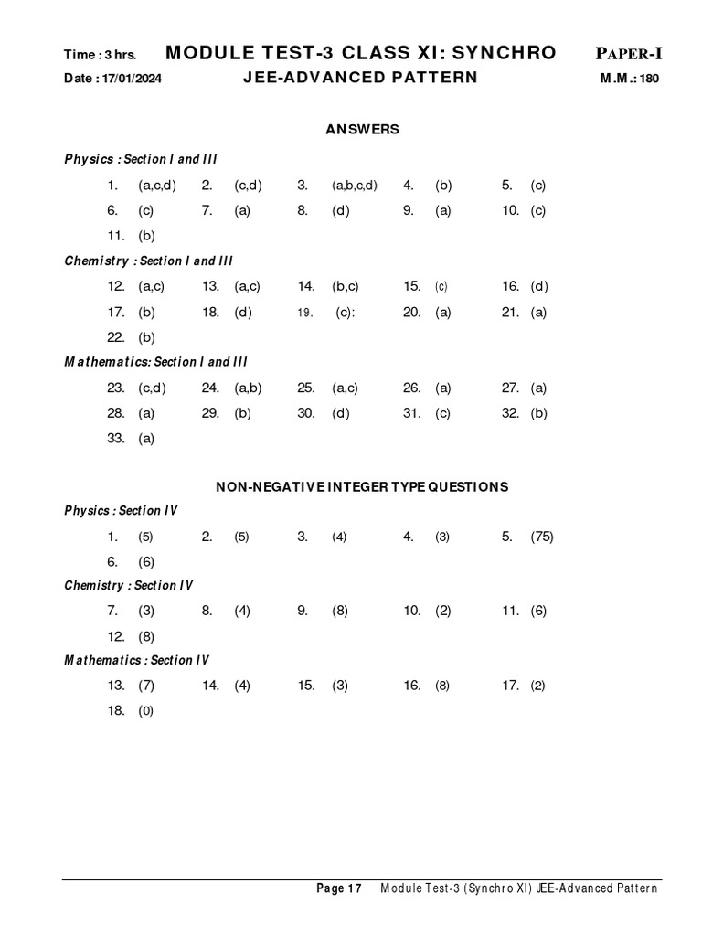 Module Test-3-XI Synchro-17.01.2024-ENGG-PAPER-1-KEY | PDF