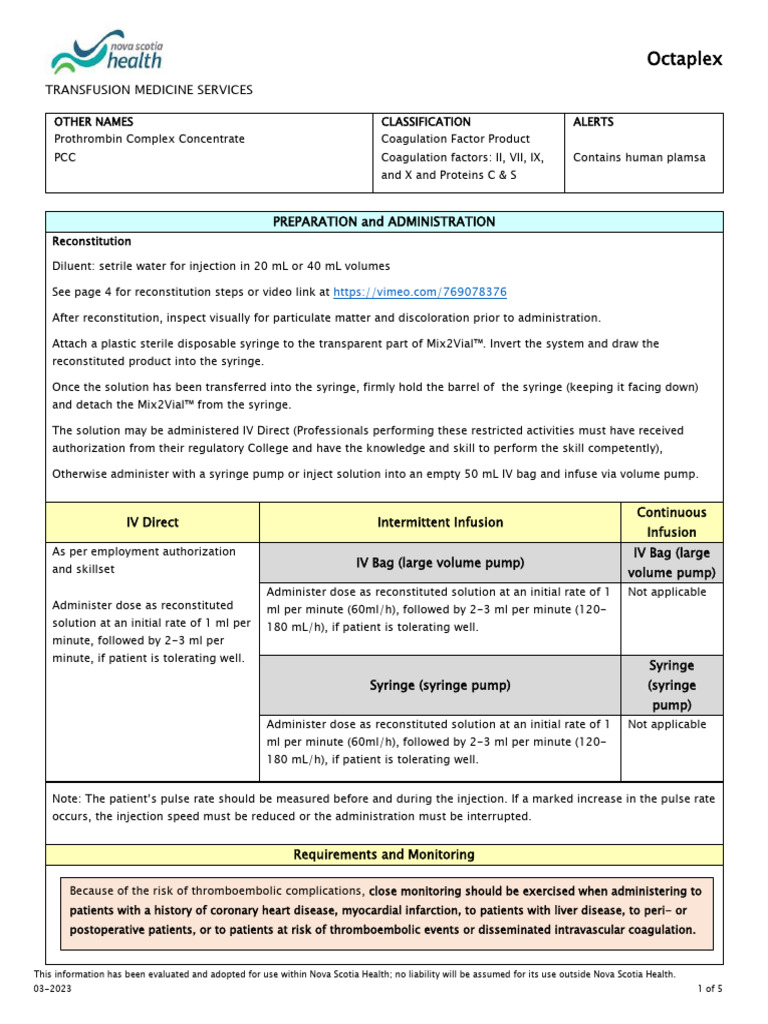 Product Administration Guidelines Octaplex | PDF | Thrombosis ...
