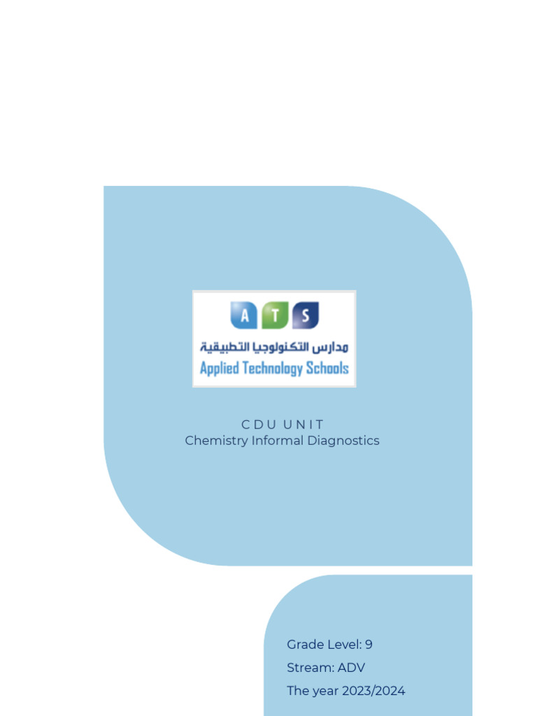 Cdu Unit Chemistry Informal Diagnostics: Grade Level: 9 Stream: ADV The ...
