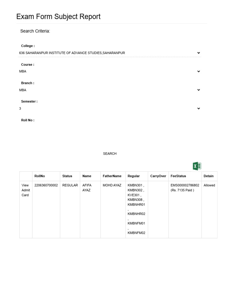 Exam Form Subject Report | PDF