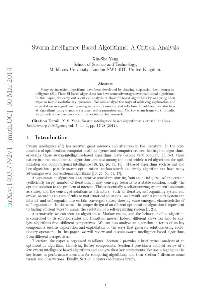 Swarm Intelligence Based Algorithms: A Critical Analysis | PDF | Genetic Algorithm ...