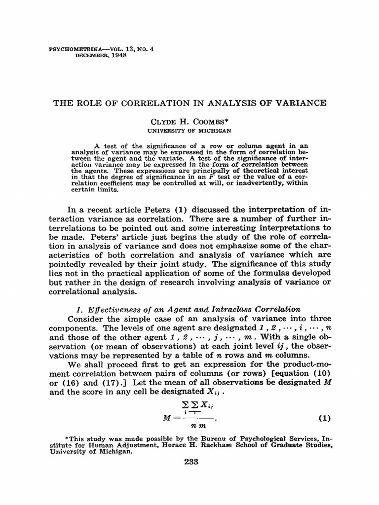 Coombs 1948 A Role of Correlation in Analysis of Variance | PDF | Variance | Analysis Of Variance