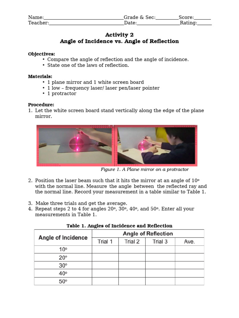 Activity 2 - Angle of Incidence Vs Angle of Reflection | PDF