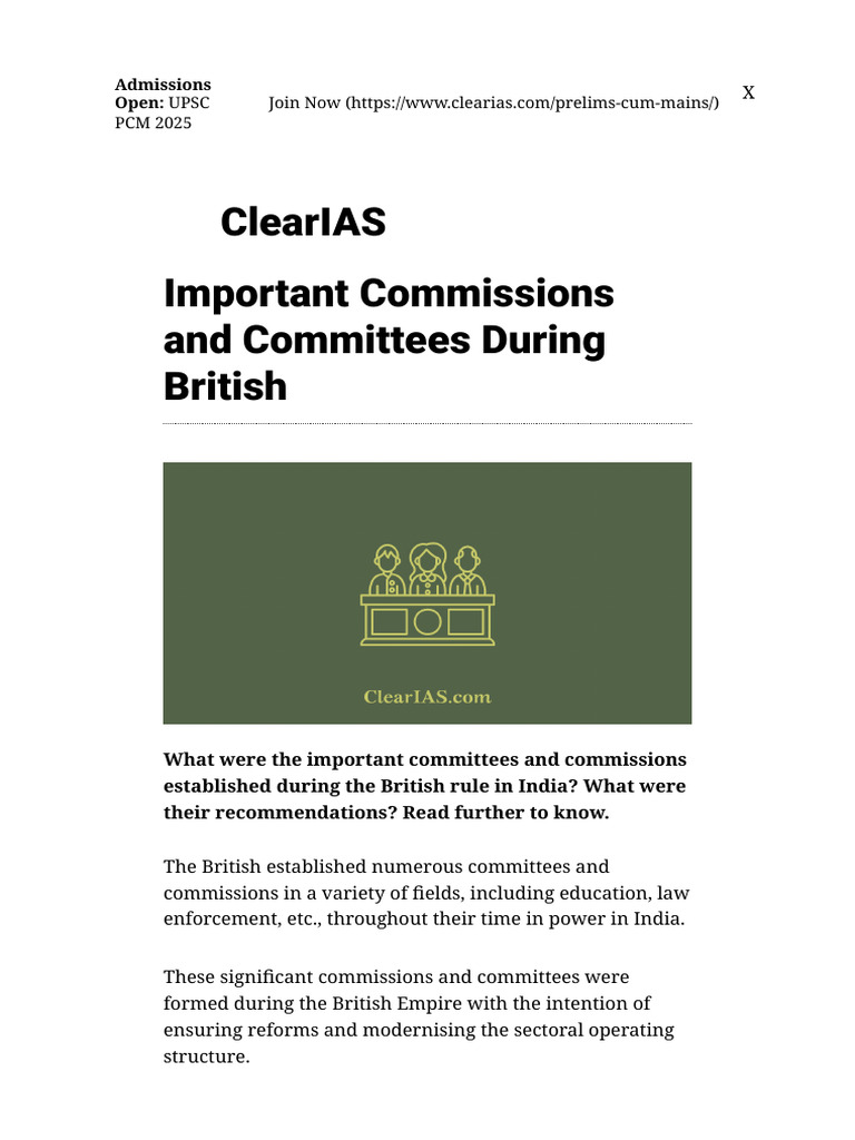 British India: Key Commissions Overview | PDF | British Raj | Curriculum