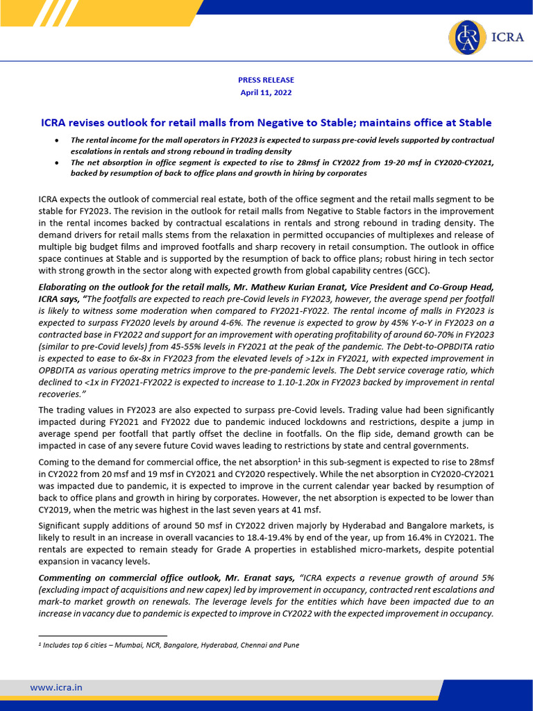 ICRA Revises Outlook For Retail Malls From Negative To Stable Maintains ...