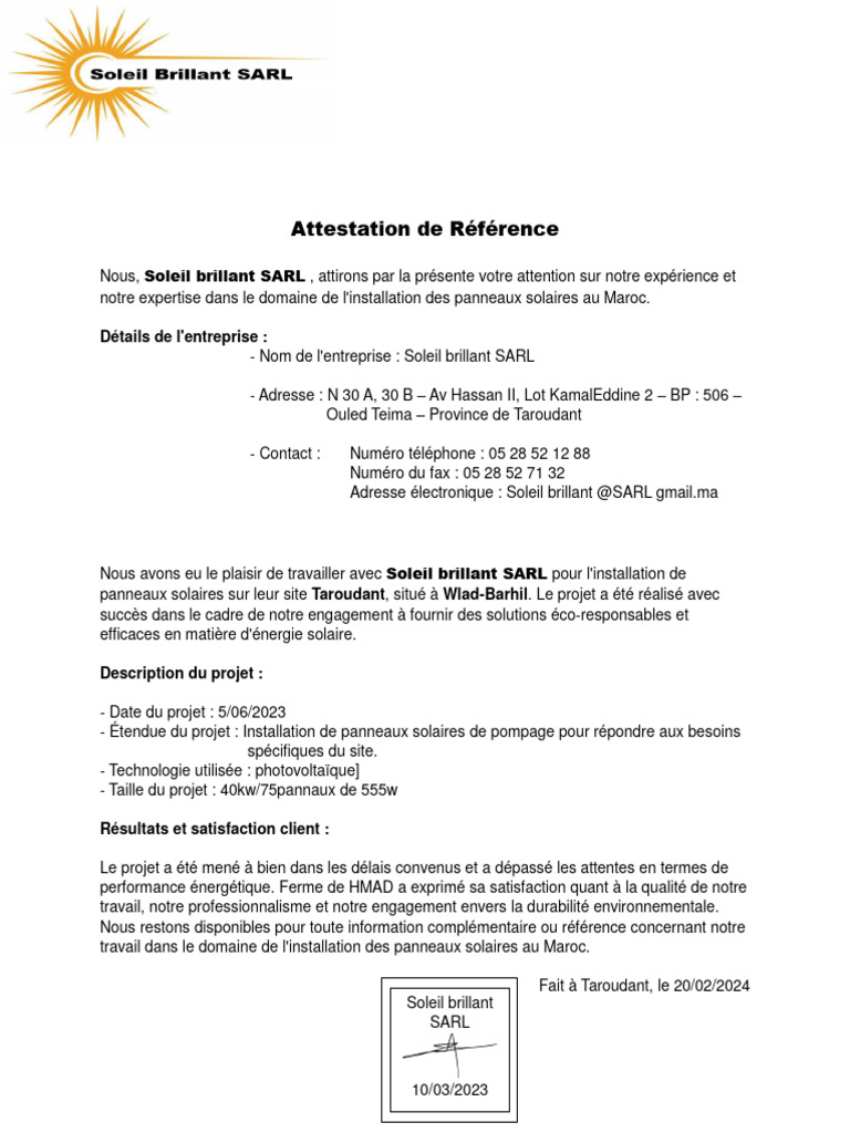 Attestation de Référence - Soleil Brillant SARL | PDF
