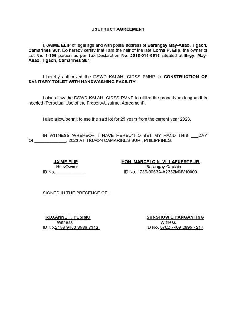 USUFRUCT-AGREEMENT Vicente Alimen | PDF | Common Law | Justice