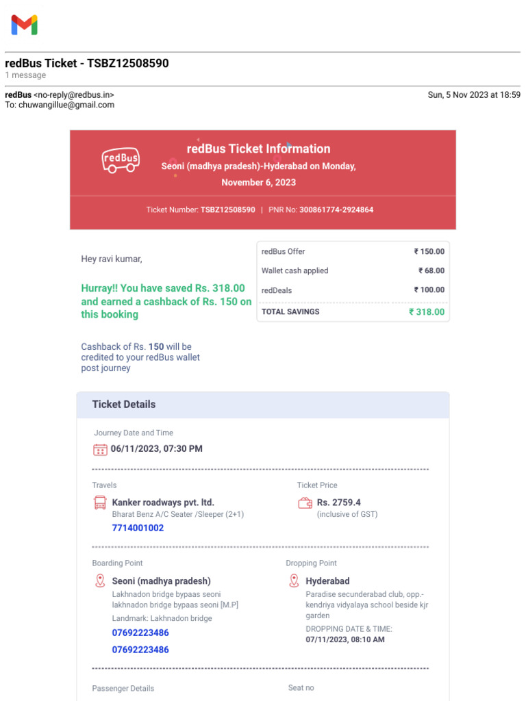Gmail - Redbus Ticket - TSBZ12508590 | PDF | Bus | Baggage