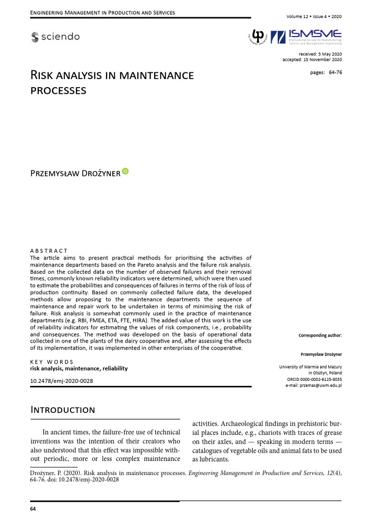 Risk Analysis in Maintenance Processes | PDF | Risk | Reliability Engineering