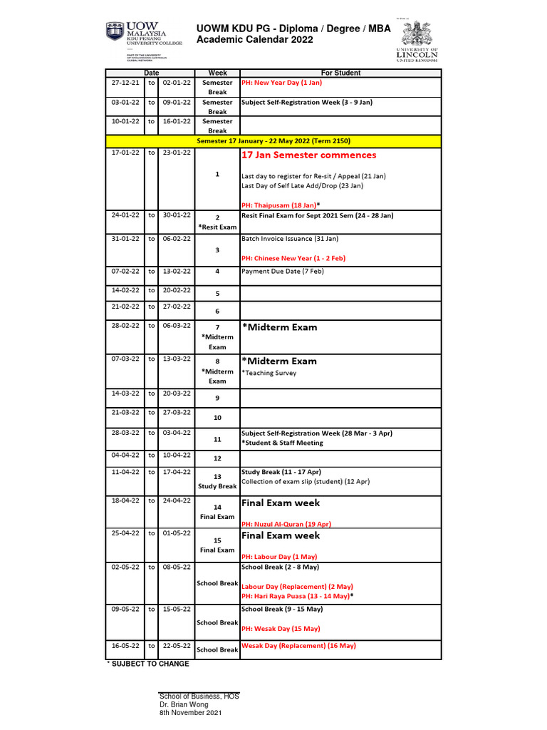 UOWM KDU Academic Calendar 2022 | PDF | Schools | Educational Institutions