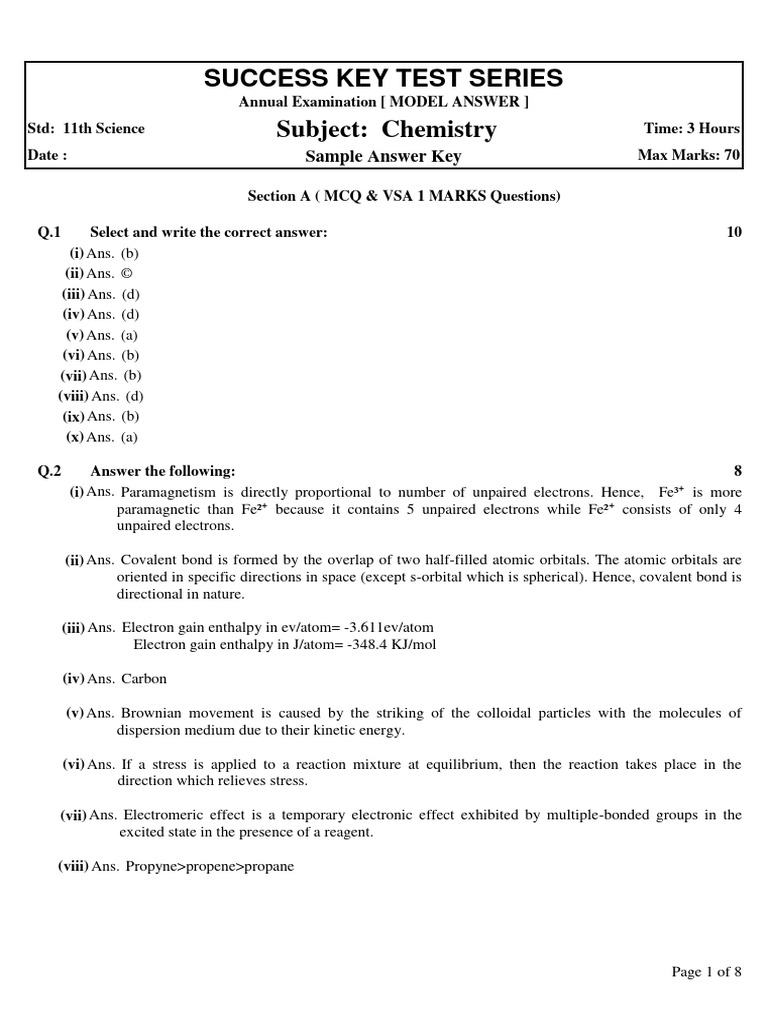 Class 11 Chemistry Exam Answer Key | PDF | Chemical Bond | Valence ...