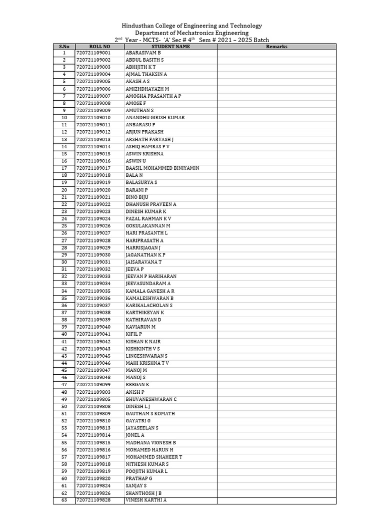 Name - List - MCT - A - Sec - 2021 - 2025 - 2nd Year - 4th - Sem ...