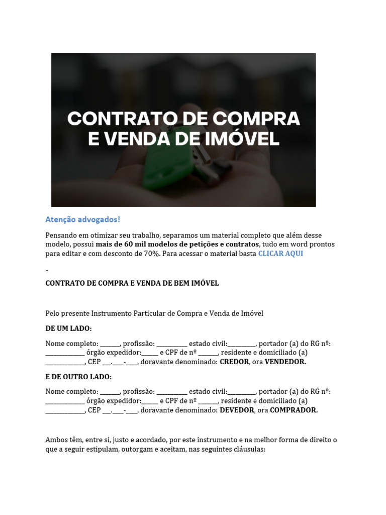Modelo de Contrato de Compra e Venda de Bem Imovel Editavel em Word | PDF | Direito Civil ...