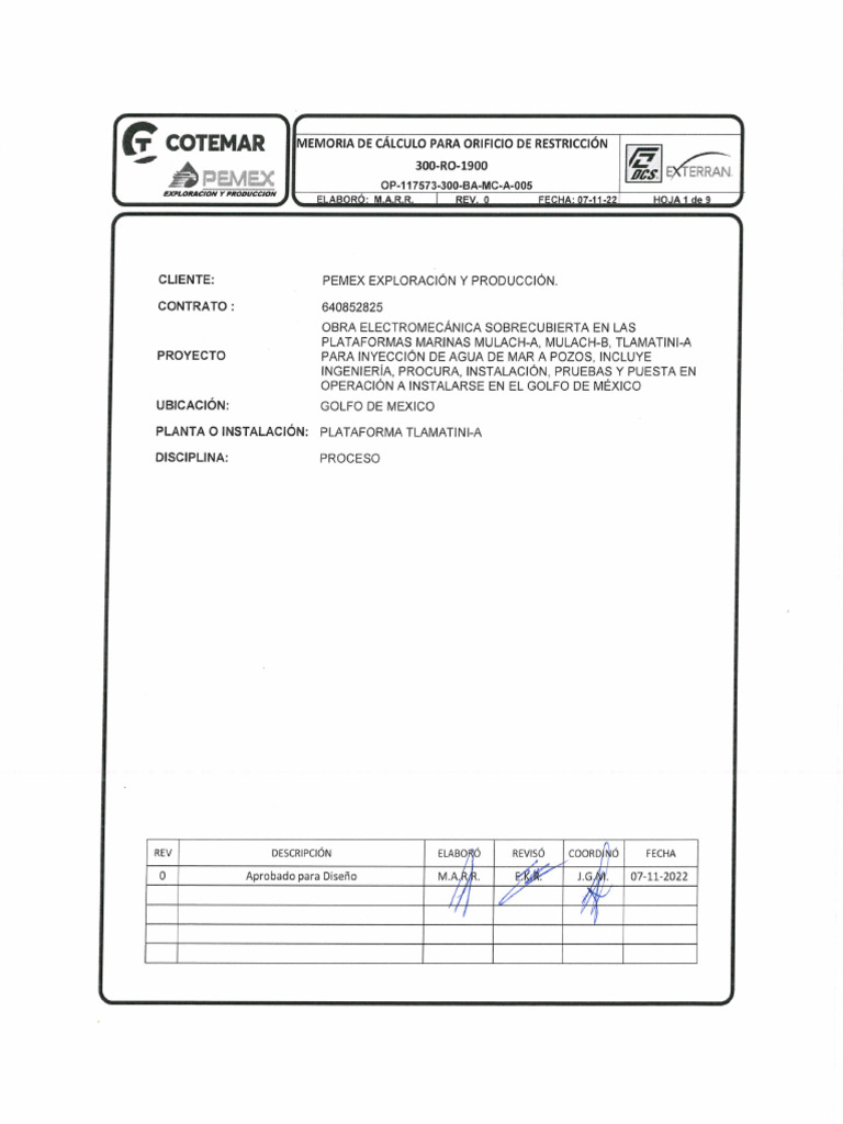 Mem Calc Orificios Restriccion Planta Acond Gas Tlamatini A Pdf