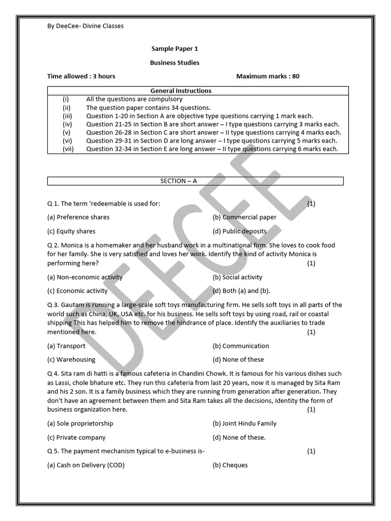Sample Paper 1 Business Studies | PDF | Retail | Debenture