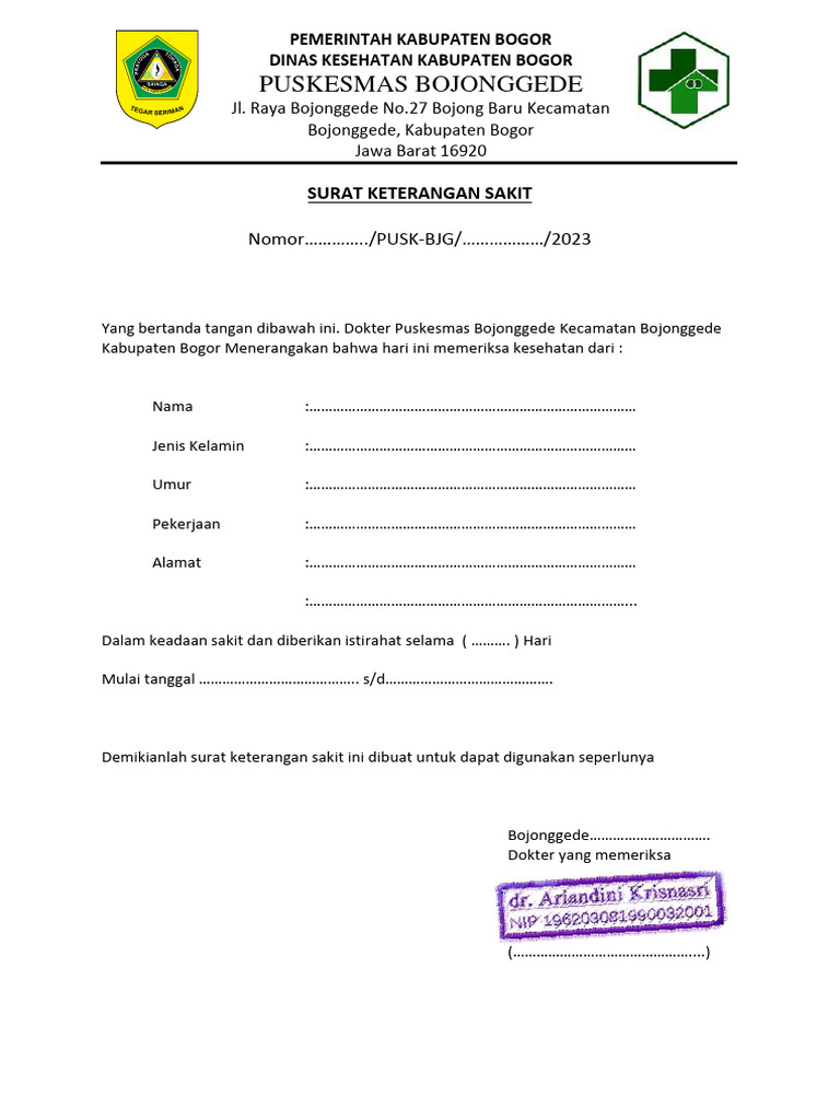 Surat Keterangan Sakit Puskesmas Bogor | PDF