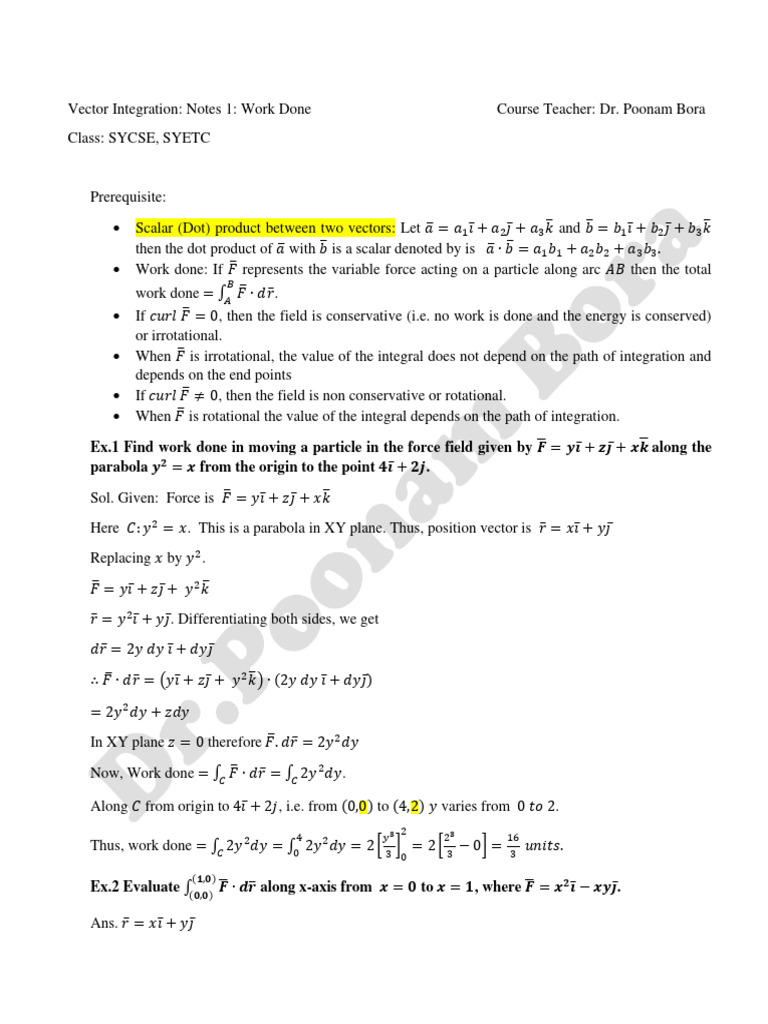 DR - Poonam Bora - Vector Integration - Notes 1 - Work Done | PDF ...