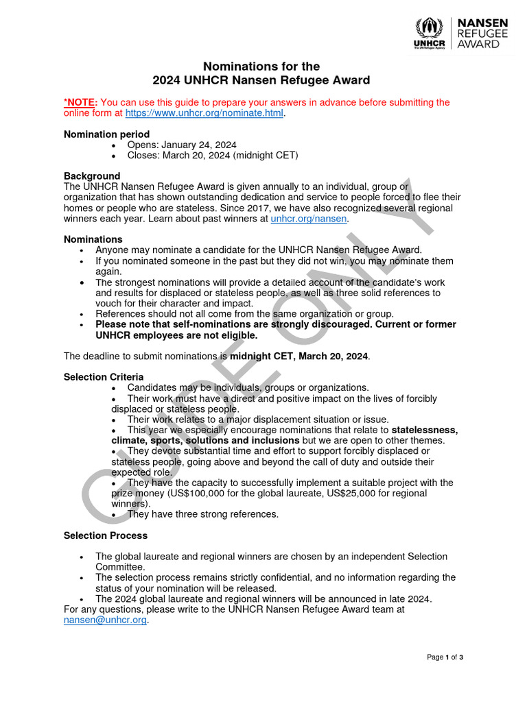 Nominations Form - 2024 UNHCR Nansen Refugee Award (ENG) | Download ...