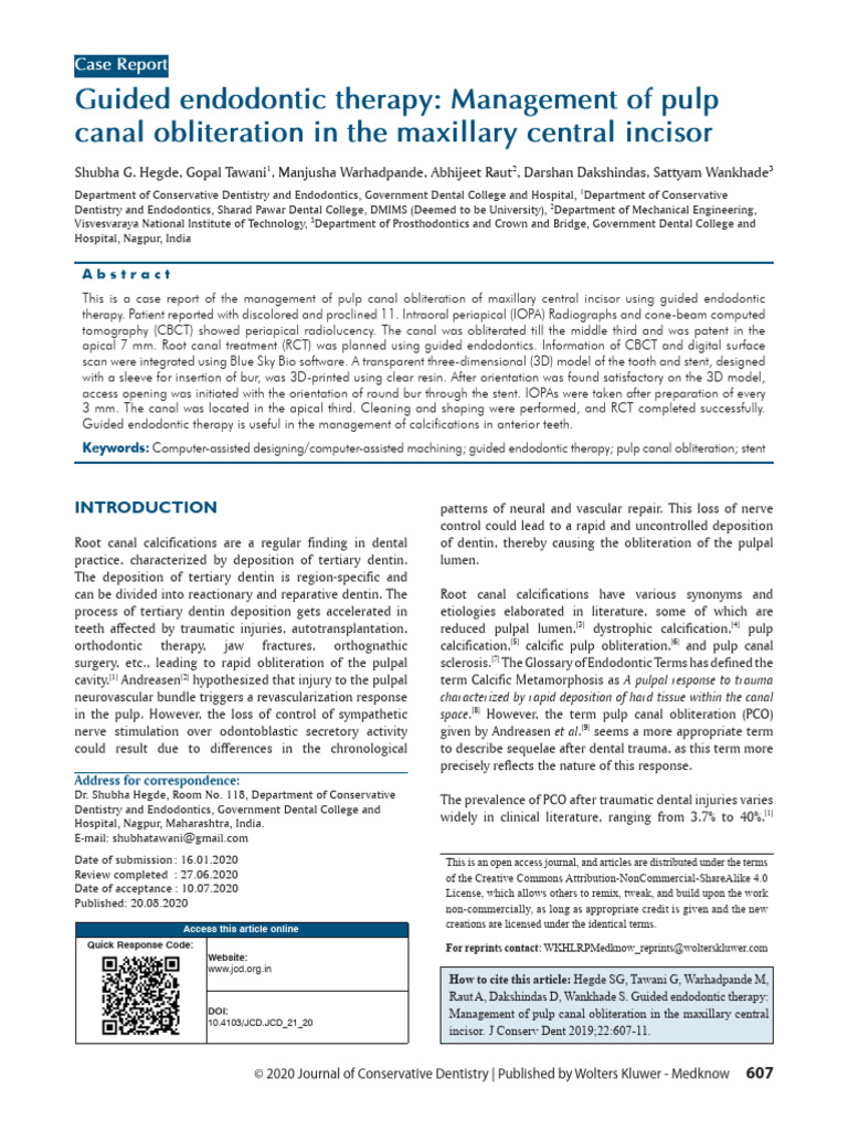 Guided Endodontic Therapy Management of Pulp Canal Obliteration | PDF ...