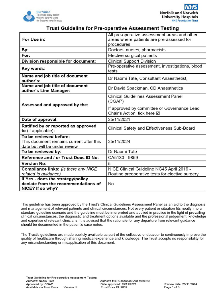 Pre Operative Assessment Tests CA5130 v5 | PDF | Surgery | Medical ...