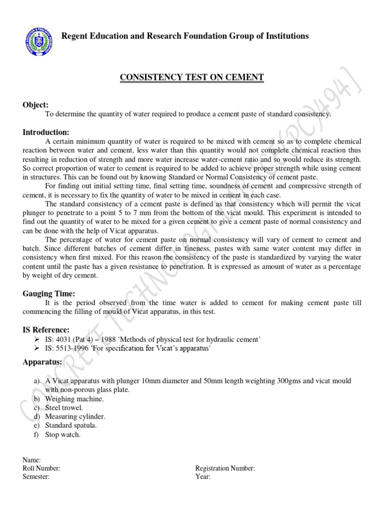 NORMAL CONSISTENCY TEST ON CEMENT A4 Sheet | PDF | Cement | Water