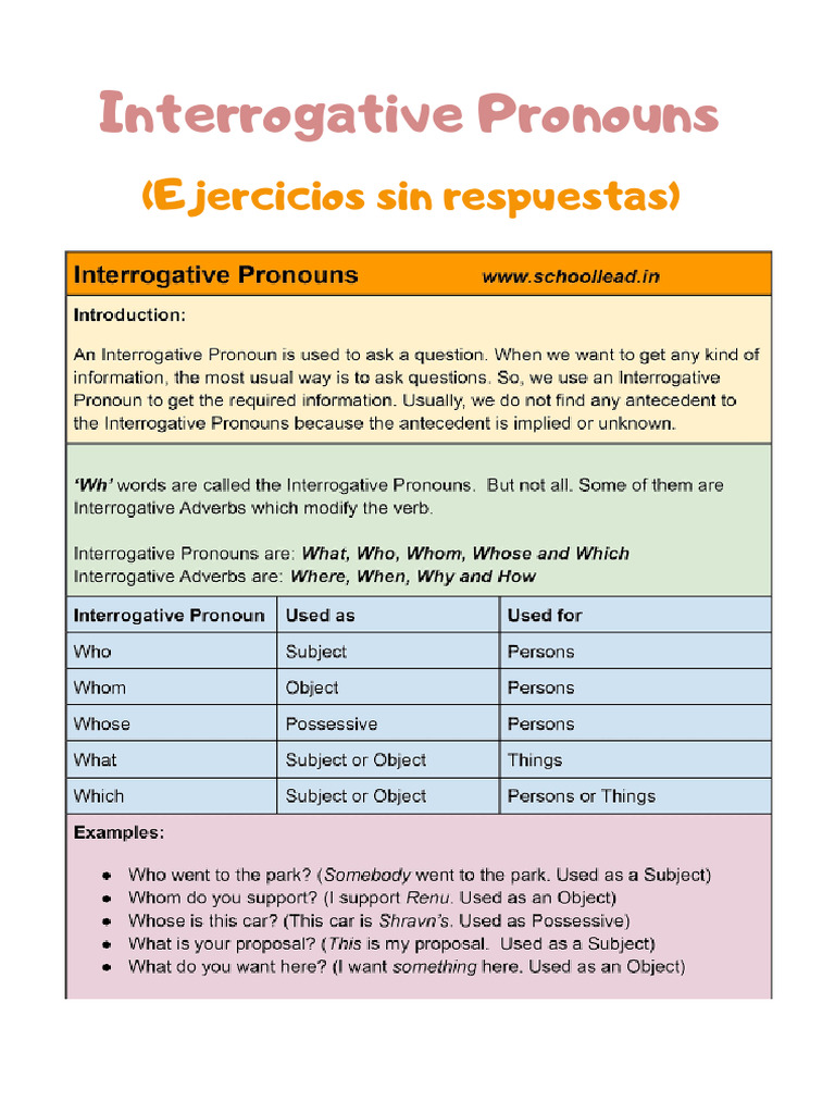 Interrogative Pronouns Pdf