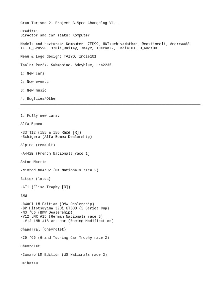 Gran Turismo 2 Project A-Spec Changelog | Download Free PDF | Wheeled Vehicles | Sports Car Racing