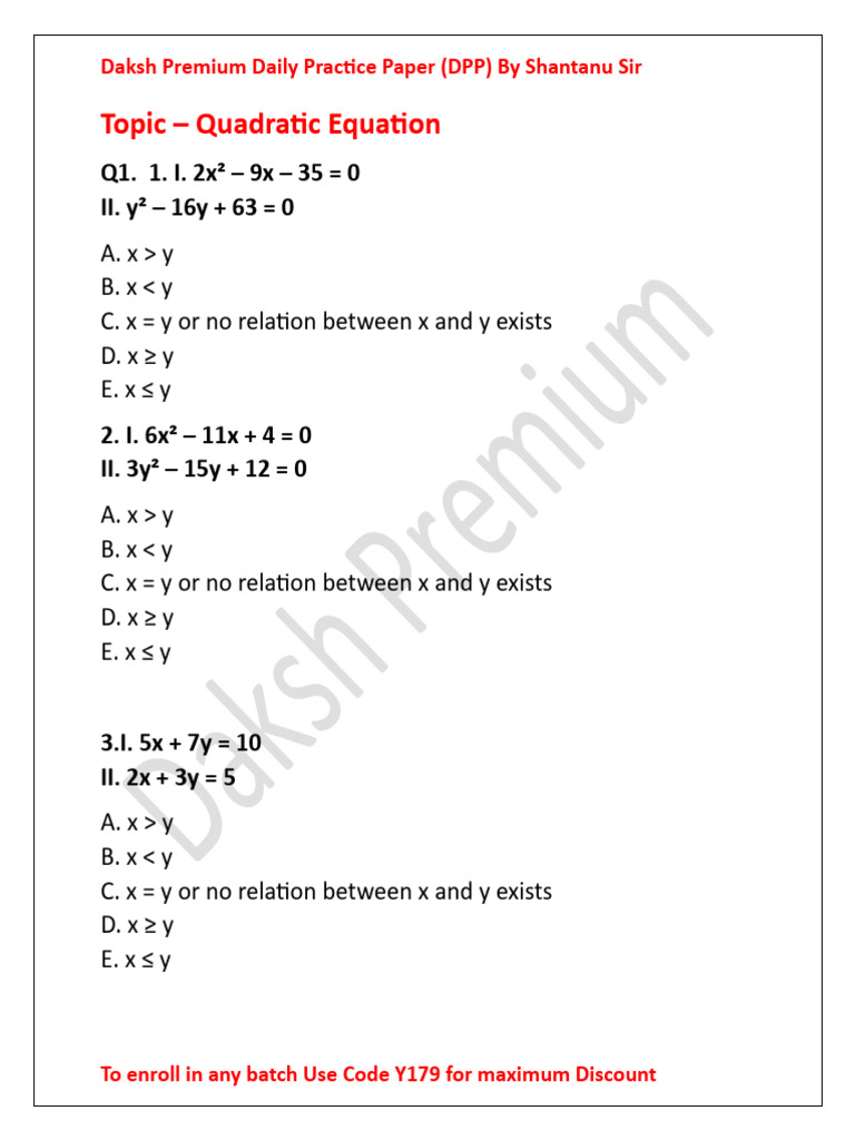 Topic - Quadratic Equation: Q1. 1. I. 2x - 9x - 35 0 II. y - 16y + 63 0 | PDF