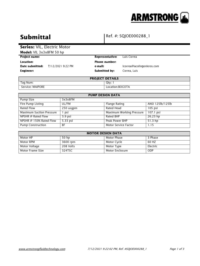 Submitalls Bomba 250 GPM A 105 Psi Electrica Eaton | PDF | Pump ...
