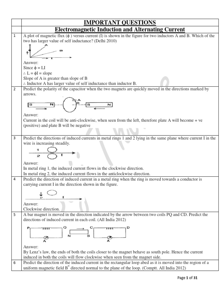 Important Queestions EMI and AC | PDF | Electromagnetic Induction ...