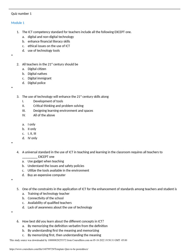 ICT Quiz for Teacher Training | PDF | Educational Technology ...