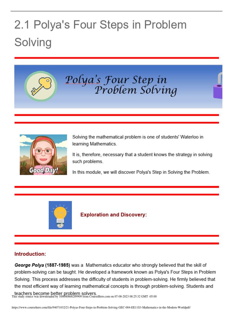 2.1 Polya S Four Steps in Problem Solving GEC 004 EE11S3 Mathematics in ...