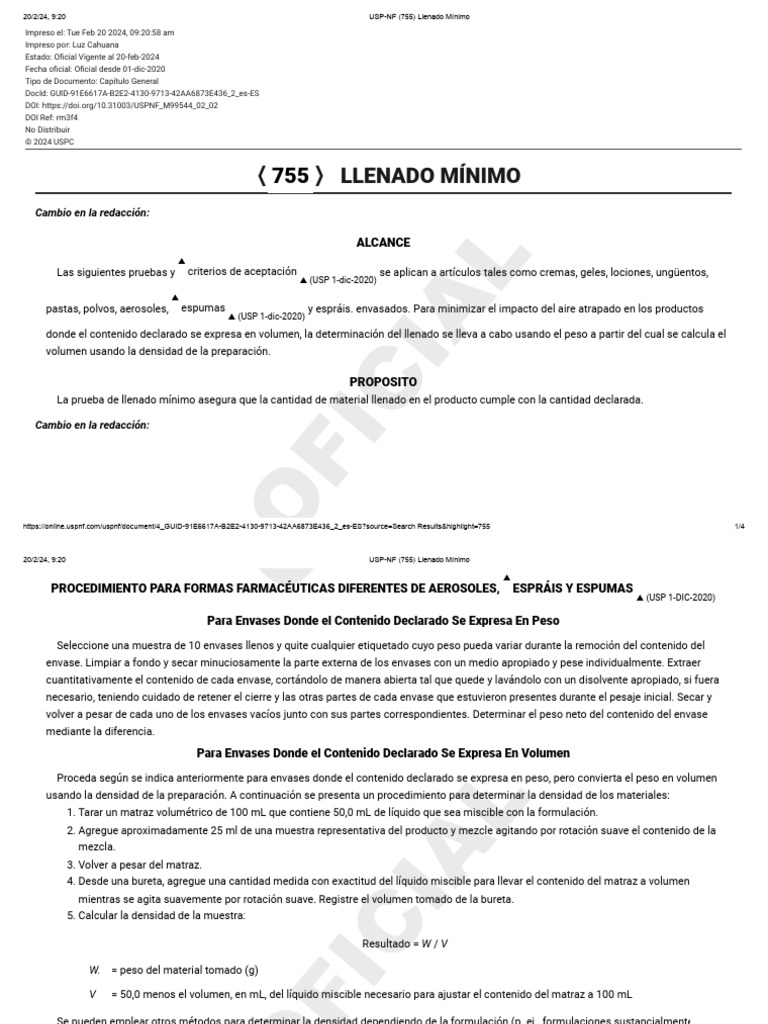 Llenado Mínimo según USP | PDF | Densidad | Volumen