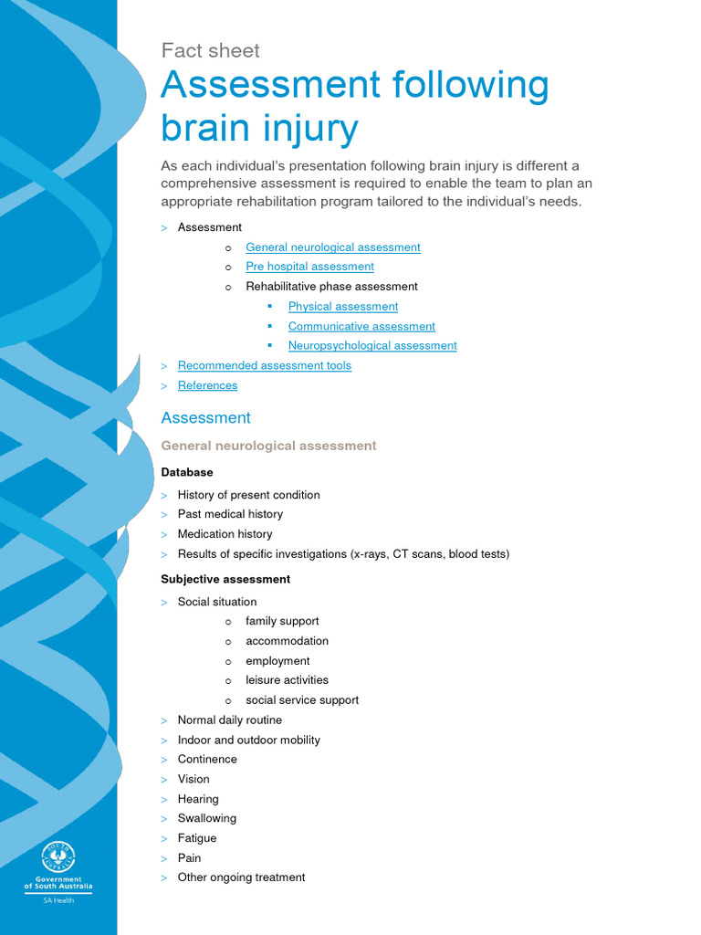 Fact Sheet - Assessment Following Brain Injury | PDF | Traumatic Brain ...