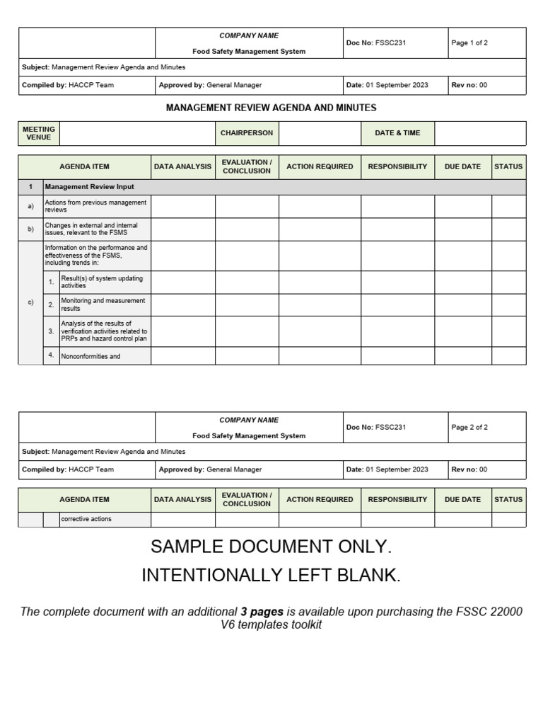 Food Safety Management Review Agenda | PDF | Safety