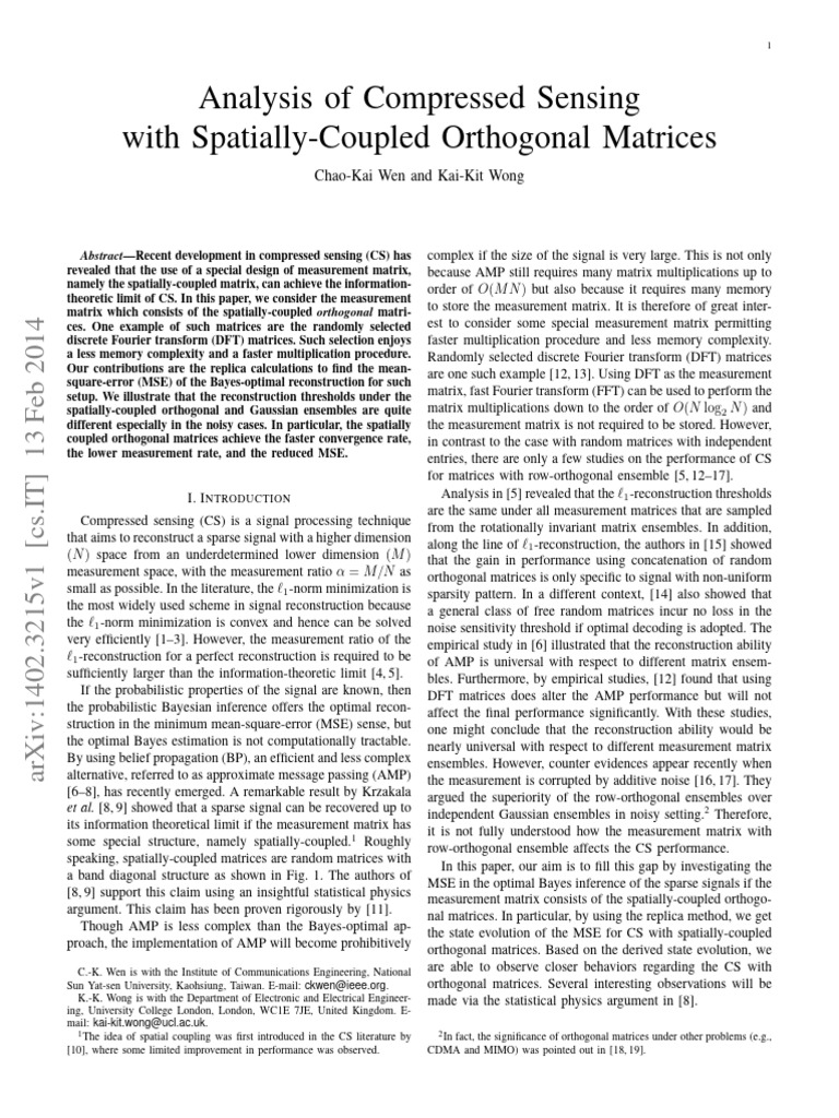 Analysis of Compressed Sensing With Spatially-Coupled Orthogonal Matrices | PDF | Matrix ...