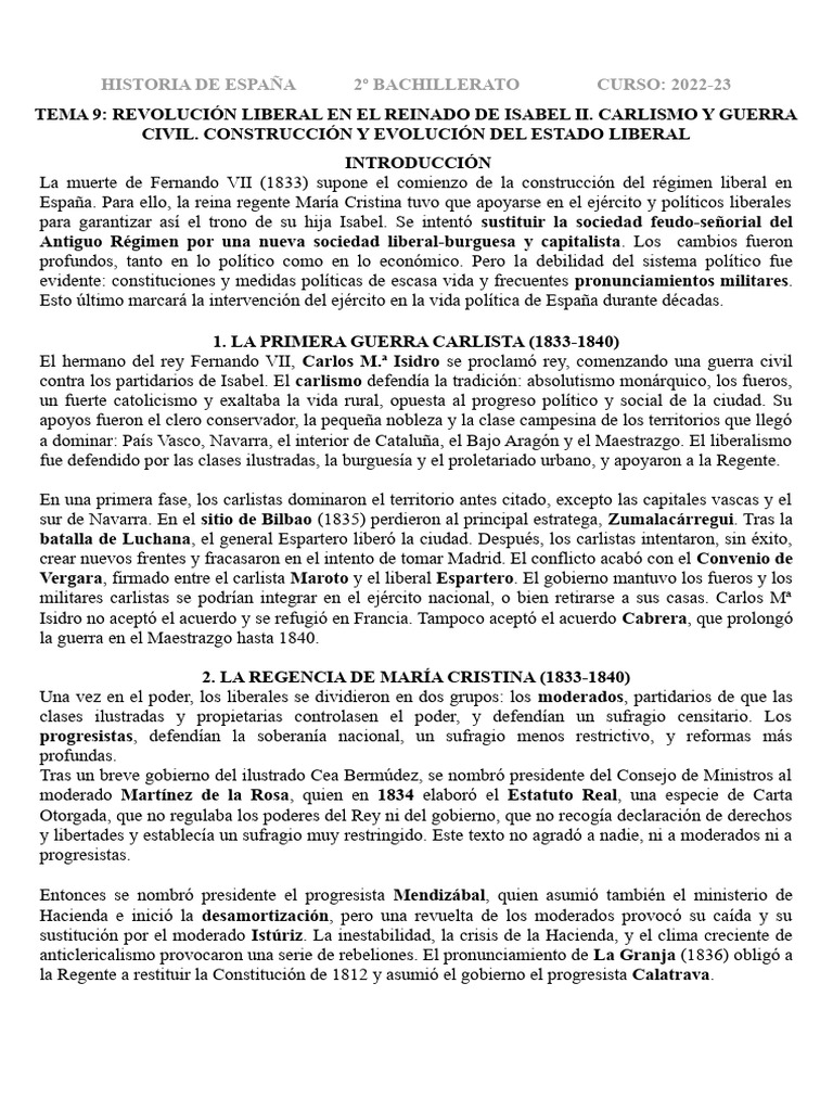 Resumen Tema 9. Reinado de Isabel II | PDF | España | Gobierno de españa