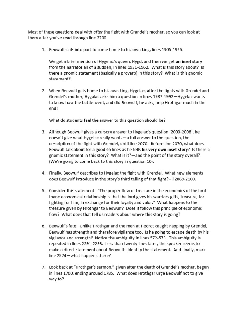 Beowulf Discussion Questions | PDF | Beowulf | Scandinavian Folklore