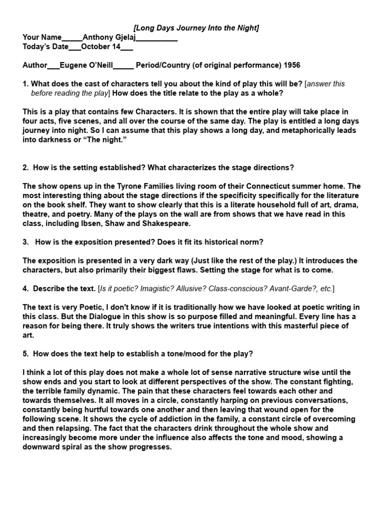 Long Days Journey Into The Night - Sample Worksheet THET 365 Updated ...