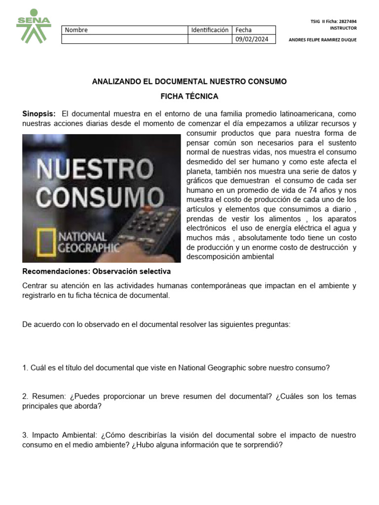 Analizando El Documental Nuestro Consumo Ficha Técnica Sinopsis | PDF | Consumo (economía ...
