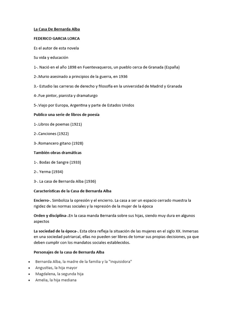 La Casa de Bernarda Alba: Resumen y Análisis | PDF | Federico García Lorca