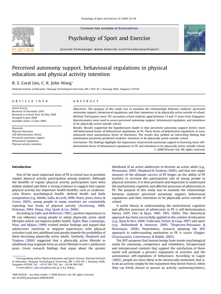 Perceived Autonomy Support, Behavioural Regulations in Physical | PDF ...